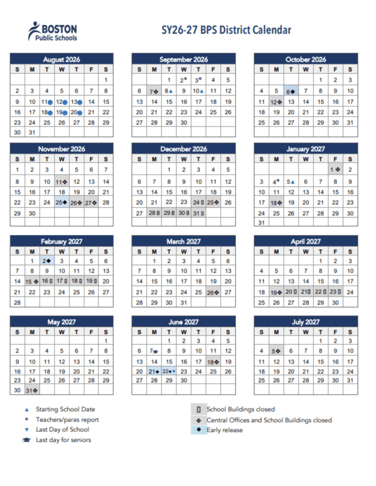 Boston Public School District Calendar 2026–2027 | Printable PDF