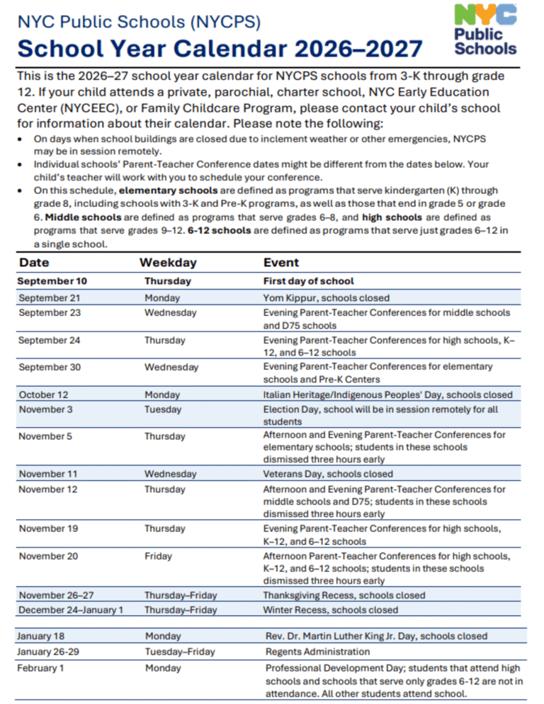 NYC Public School Calendar 2026-2027 | Printable PDF